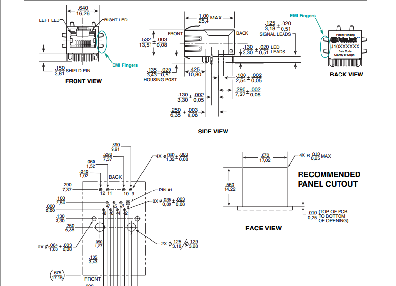 6 Pin JP Series RJ45 Female Connector IEEE 802.3 with LEDs J1011F01PNL