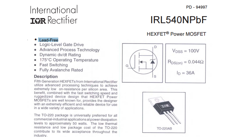 3 Pin Power Mosfet Module Advanced Process Technology IRL540NPBF