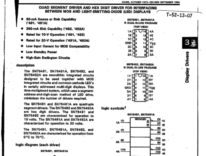 SN75491N QUAD SEGMENT DRIVER AND HEX DIGIT DRIVER integrated ...