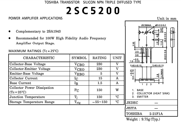 2SC5200-O Power Amplifier Applications High Power Mosfet Transistors