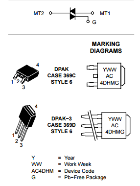 MAC4DHMT4G Sensitive Gate Triacs Silicon Bidirectional Thyristors